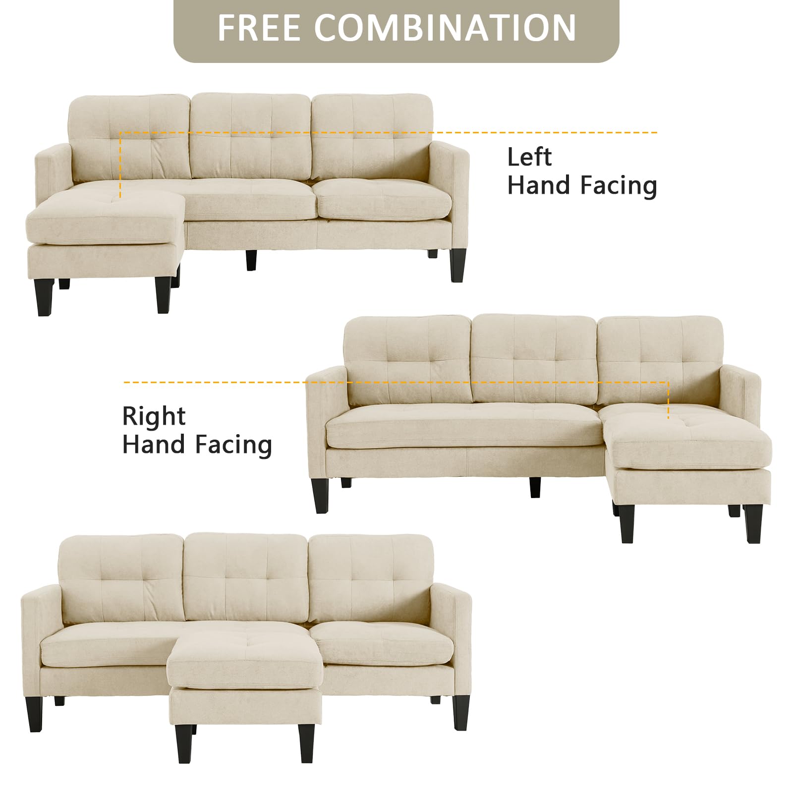 Grepatio Convertible Sectional Sofa Couch, L-Shaped Couch Sofa with Modern Linen Fabric for Living Room Small Space (Beige)