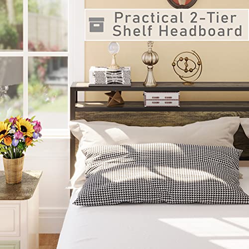 LIKIMIO Full Bed Frame, Platform Bed Frame Full with 2-Tier Storage Headboard and Strong Support Legs, More Sturdy, Noise-Free, No Box Spring Needed, Rustic Maple