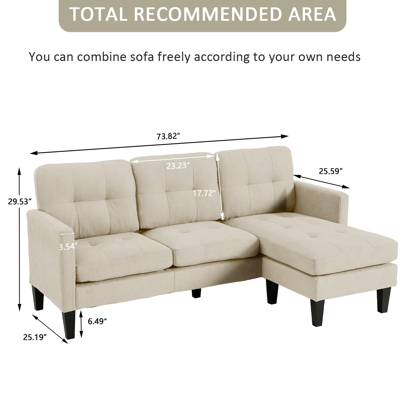 Grepatio Convertible Sectional Sofa Couch, L-Shaped Couch Sofa with Modern Linen Fabric for Living Room Small Space (Beige)