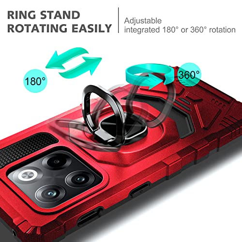 NZND Case for OnePlus 10T 5G with Tempered Glass Screen Protector (Maximum Coverage), Full-Body Protective [Military-Grade], Magnetic Car Ring Holder, Heavy-Duty Cover Case (Red)