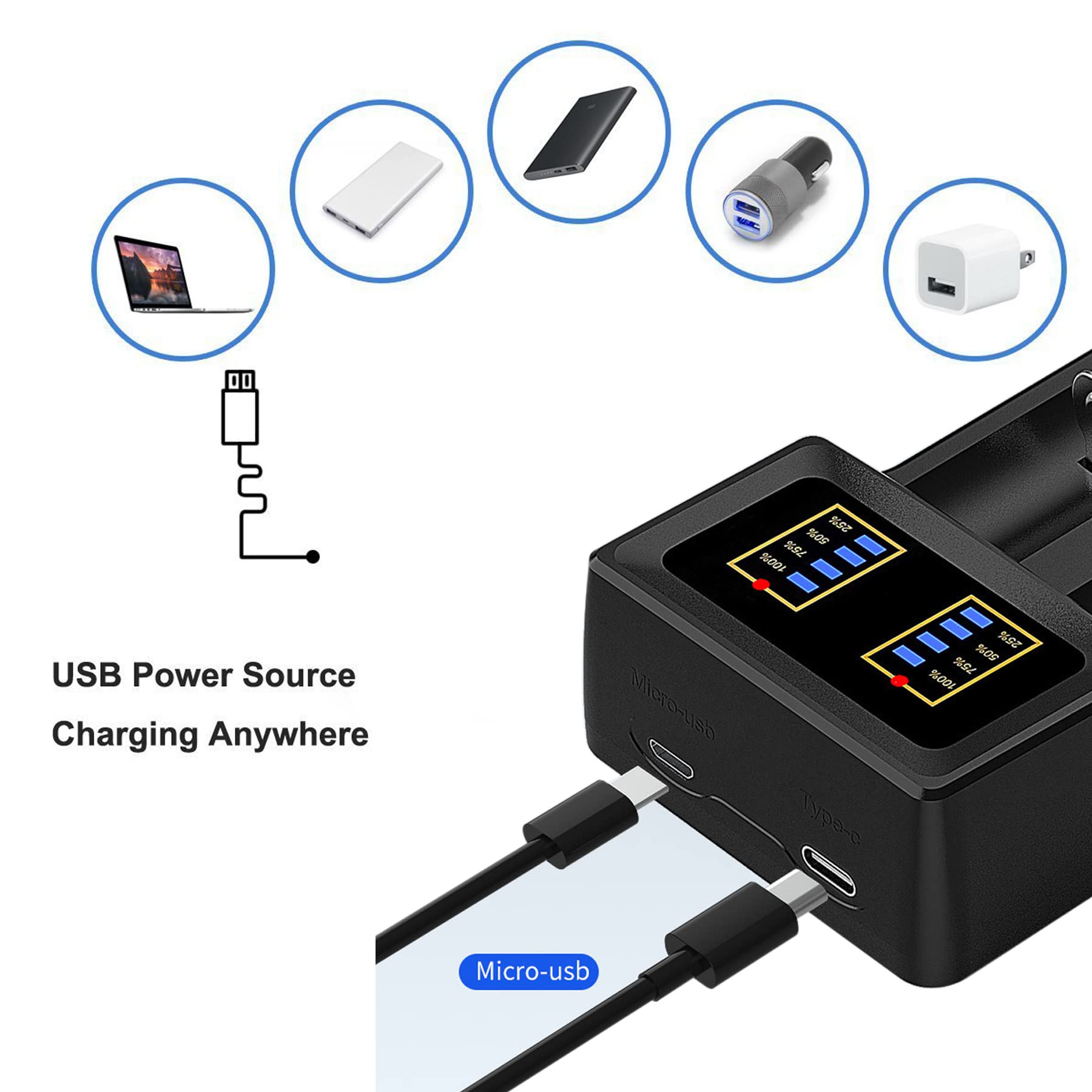 18650 Battery Charger 2-Bay 5V 2A for Rechargeable Batteries 1.2V AA AAA 3.7V Li-ion 26650 18650 16340(RCR123) Capacity Display (Not Battery)