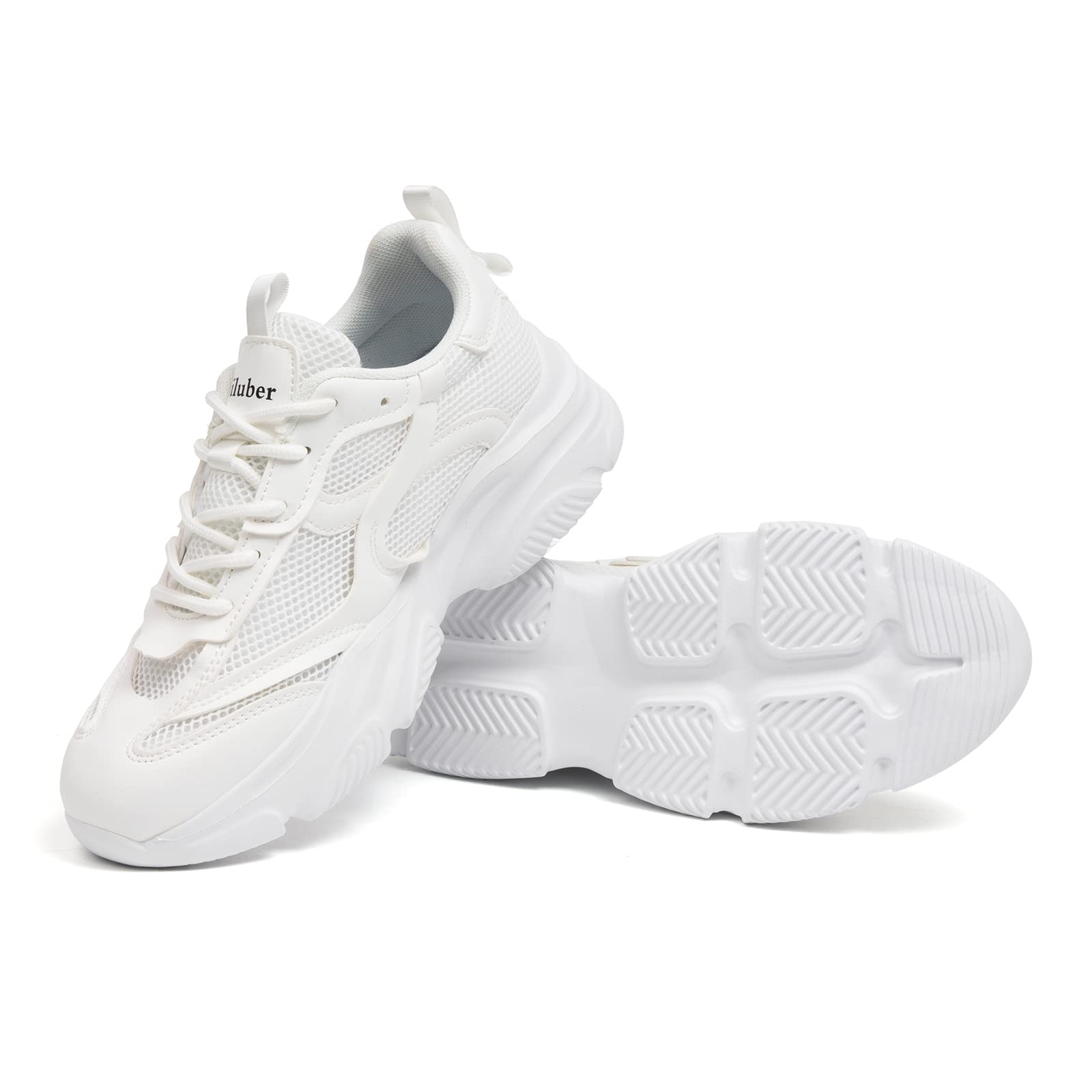 Niluber Women's Chunky Platform Sneakers-Slip On Breathable Running Shoes-Lightweight Glitter Rhinestone White Black Sneakers(White,6)