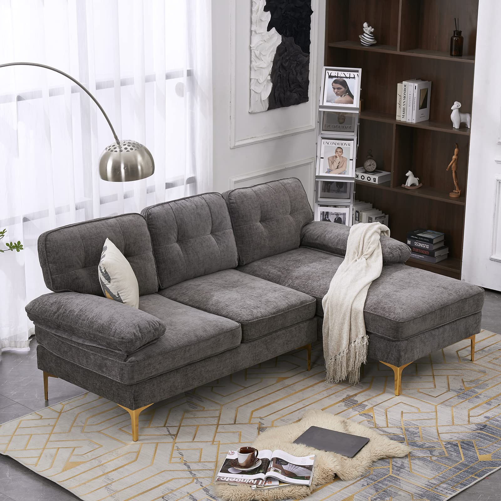 Karl home Sectional Sofa 83" L-Shape Sofa Couch 3-Seat Couch with Chaise ChenilleFabric Upholstered for Living Room, Apartment, Office, Dark Gray