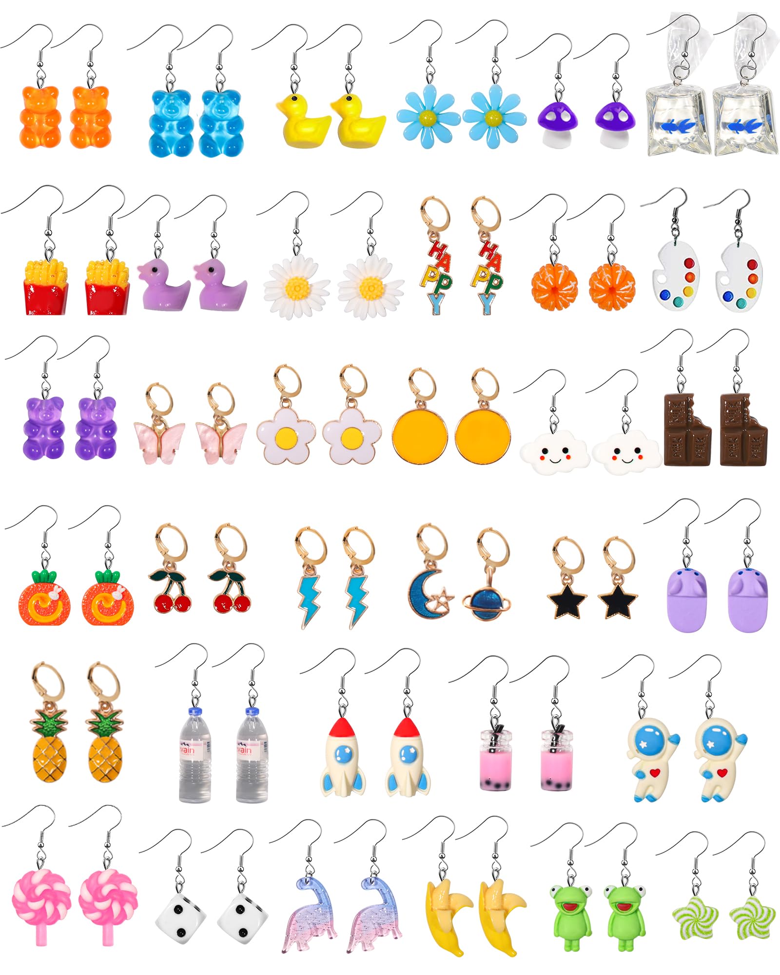 35 Pairs Cute Fun Earrings Weird Aesthetic Kawaii Funny Indie Unique Cool Star Moon Earrings for Women Gummy Bear Duck Mushroom Fruit Food Flowers Boba Goldfish Earrings Bulk