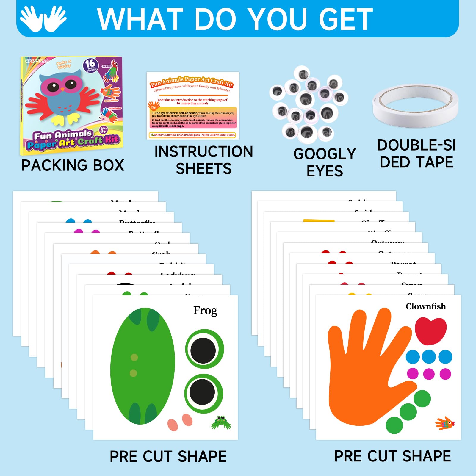 HAPMARS Handprint Art Craft Kits for Kids,16 Pack Easy Animal Cutout Craft for Toddler Age 3, 4, 5,DIY Fun Hand Print Paper Crafting,Creative Toys Preschool Classroom Activity Project for Boys & Girls