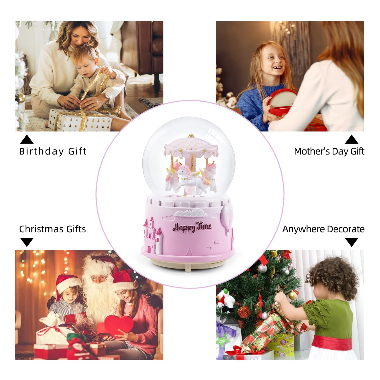 Unicorn Musical Snow Globe for Kids Girls Carousel Music Box with 7 Led Lights Swirling Glitter for Birthday Valentines