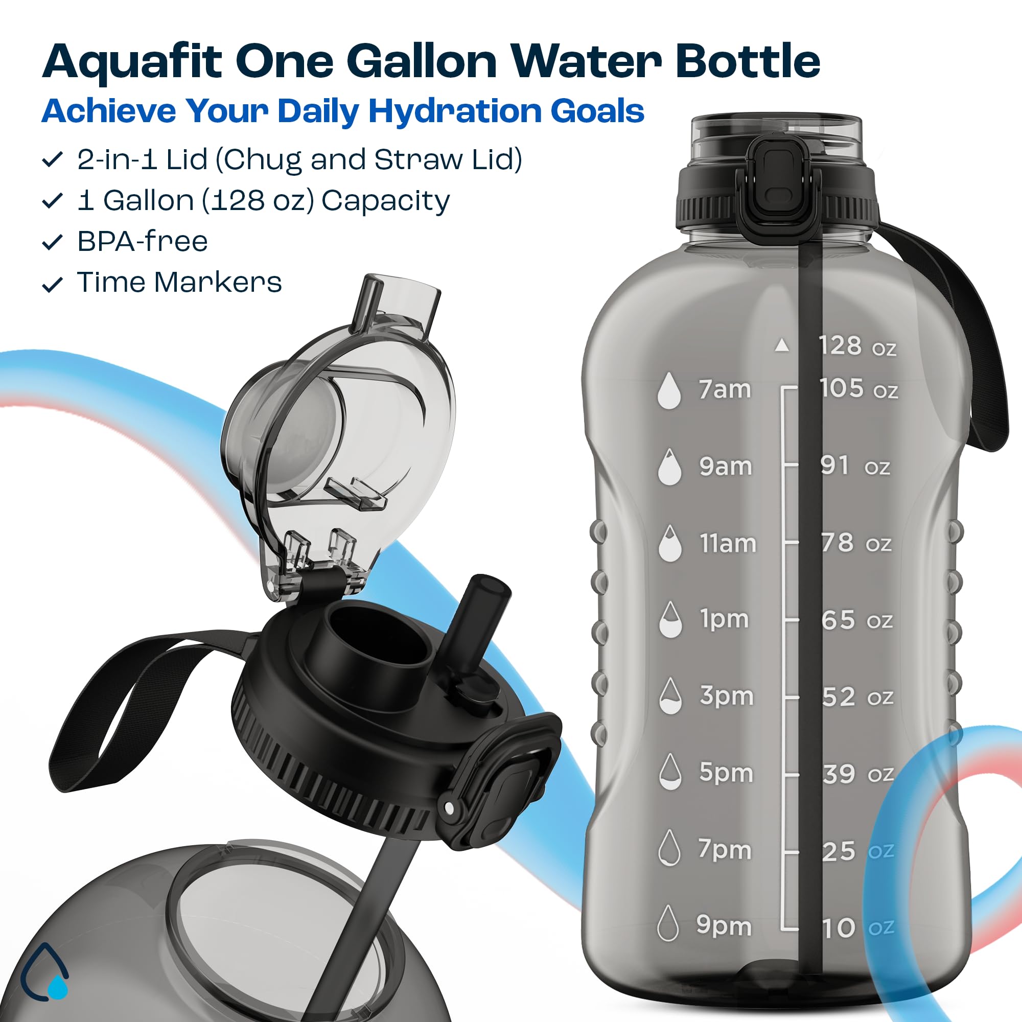 AQUAFIT 128 oz Water Bottle with Time Marker - 2in1 Straw & Chug Lid - BPA Free Big Water Bottle with Straw - Gym Water Bottle with Strap - Water Jug (128 Ounces, Nebula)