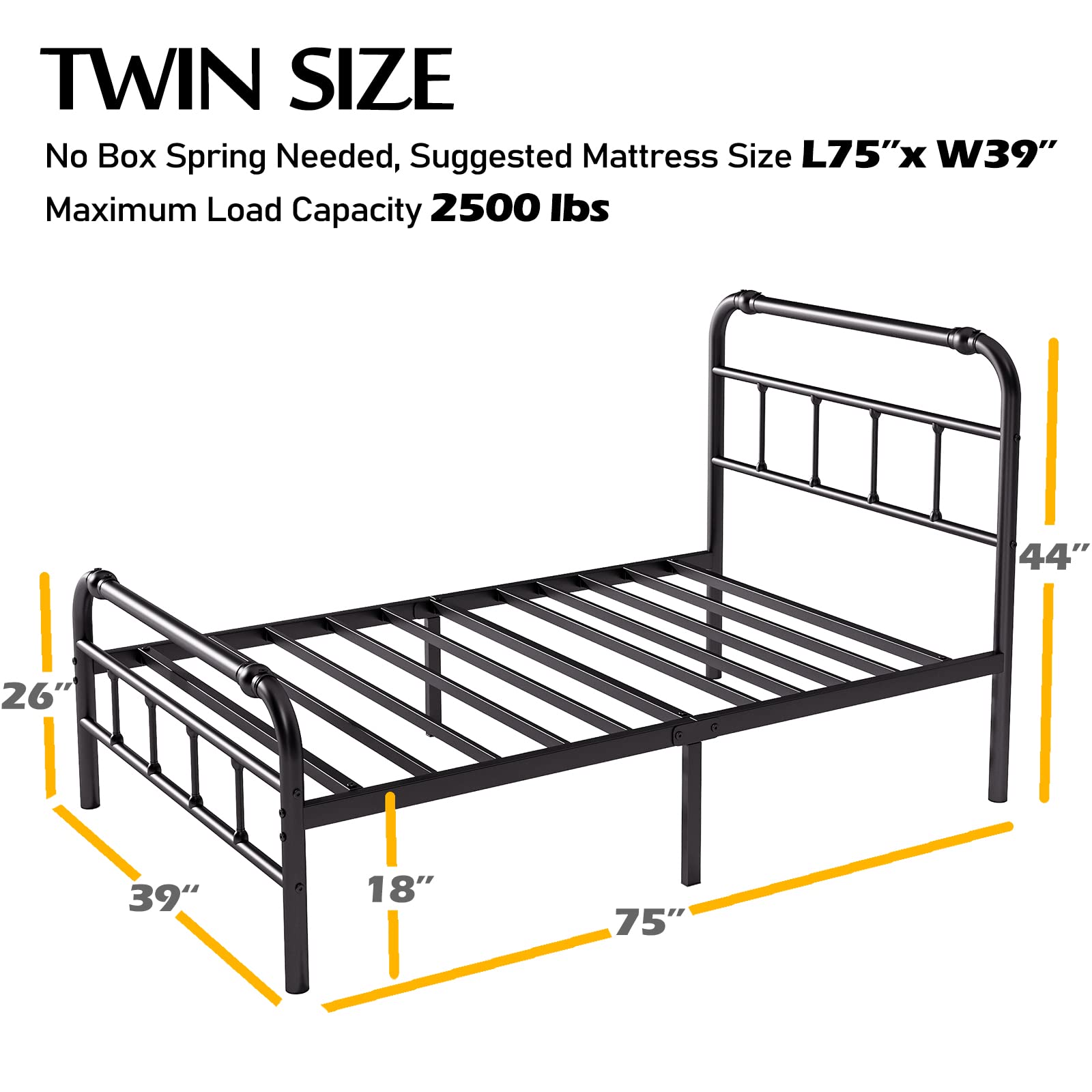 BOSRII Twin Size Bed Frame with Headboard and Footboard, 18 Inches High, 3500 Pounds Heavy Duty Metal Slats Support for Mattress, No Box Spring Needed,Noise-Free, Black