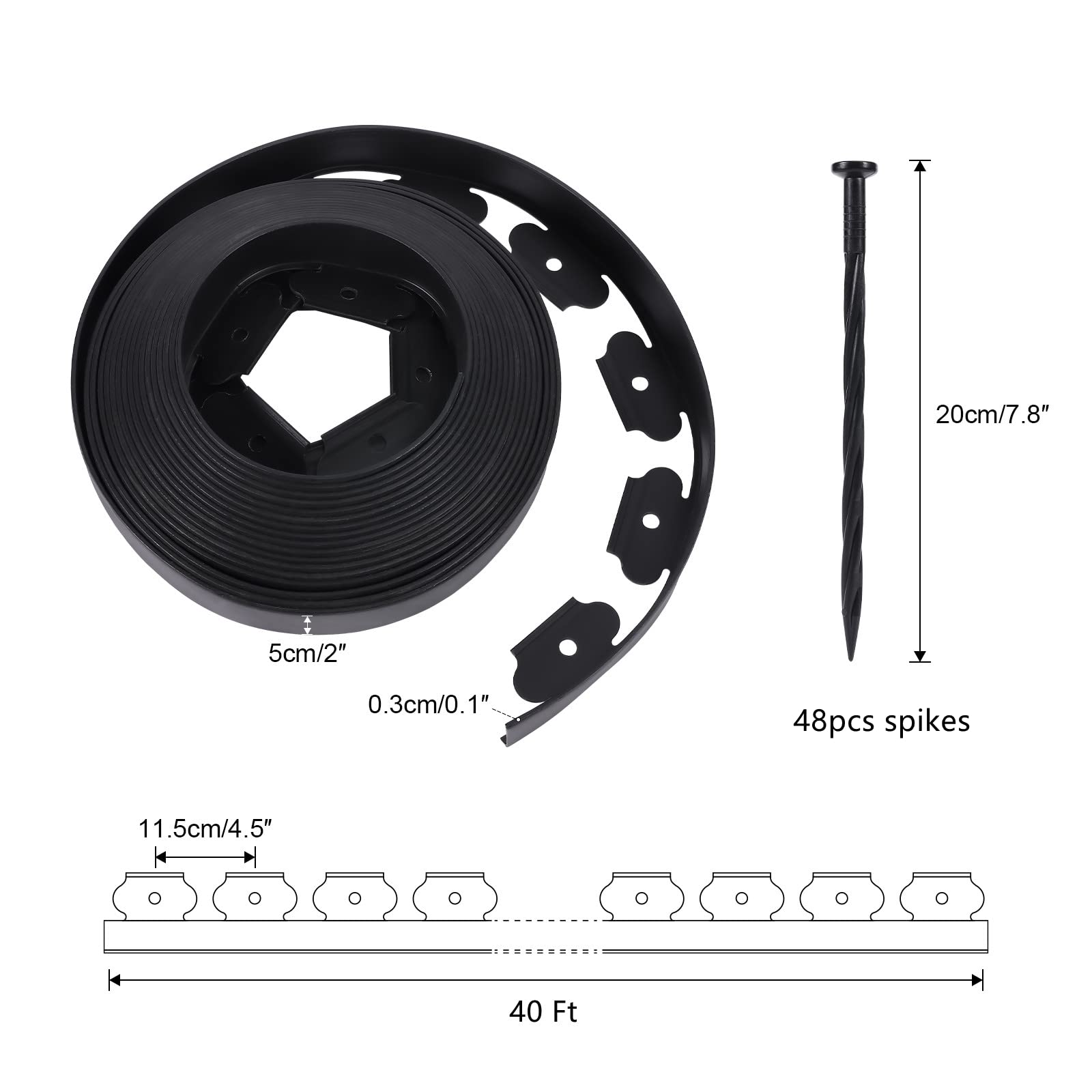 No Dig Durable Garden Landscape Edging Kit, 2β Tall Black Plastic Lawn Border with 48pcs Anchoring Spikes for Landscaping, Flower Gardens, Lawn (40FT+48pcs Anchoring Spikes)