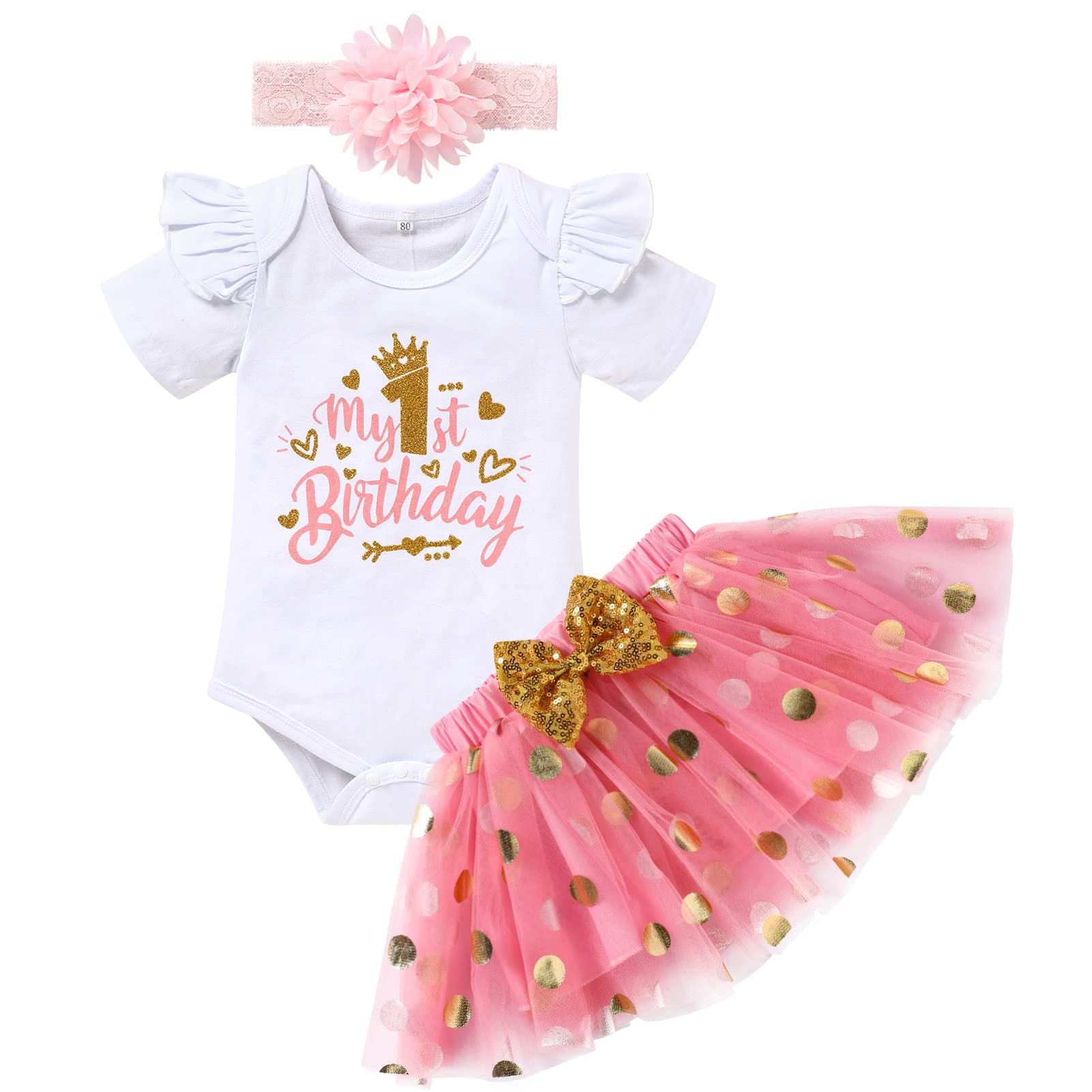 GRNSHTS Baby Girl First Birthday Outfit Smash Cake Outfit My 1st Birthday Romper+Tutu Skirt+Headband Onederland Outfit(Pink,12-18 Months)