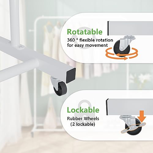 Boeeoan Garment Rack, Clothes Rack With Wheels, Freestanding Simple Single Pole, Coat Rack, Multi-functional Rolling Clothing Storage Rack With 2 Hooks for Bedroom, Laundry Room, Living-room, White