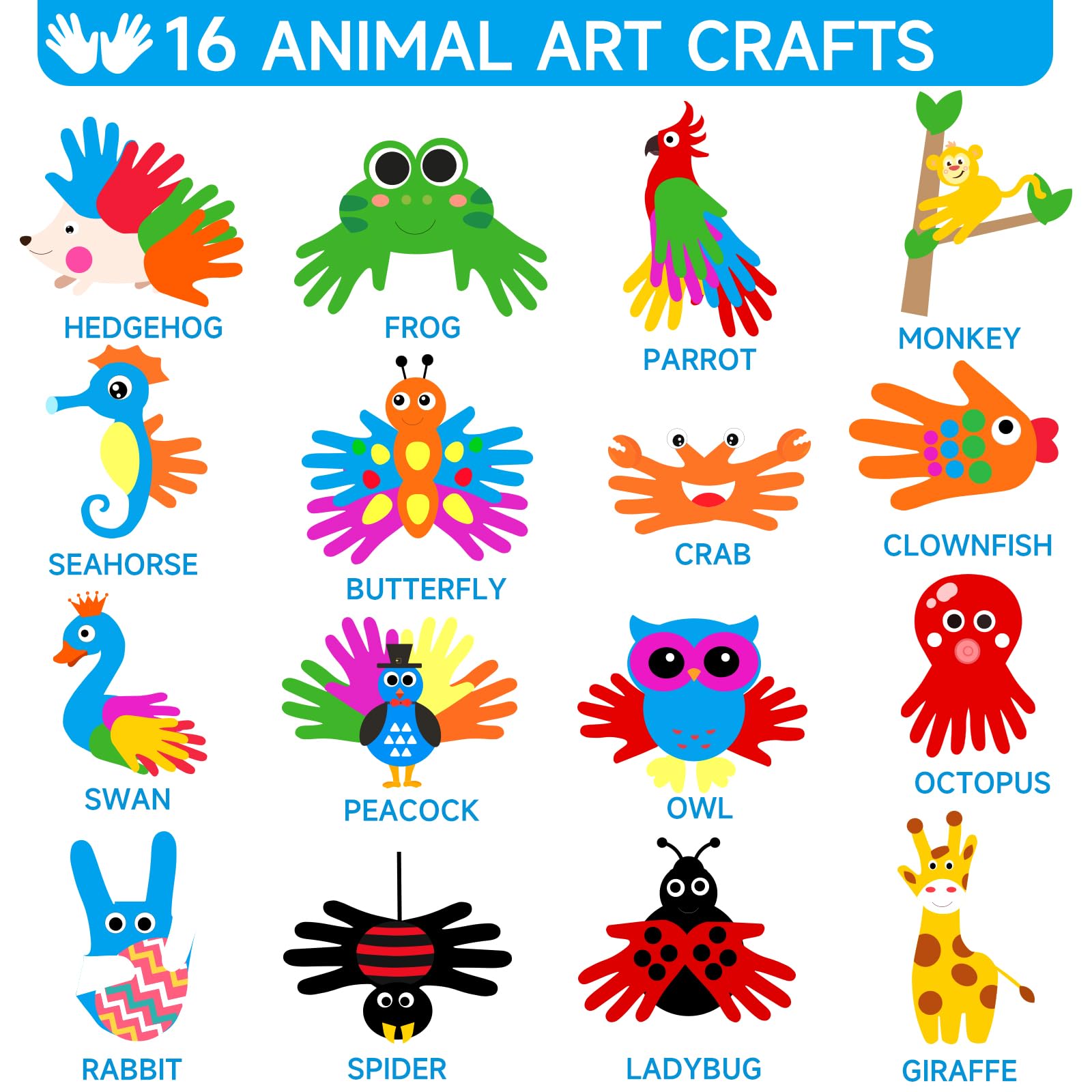 HAPMARS Handprint Art Craft Kits for Kids,16 Pack Easy Animal Cutout Craft for Toddler Age 3, 4, 5,DIY Fun Hand Print Paper Crafting,Creative Toys Preschool Classroom Activity Project for Boys & Girls