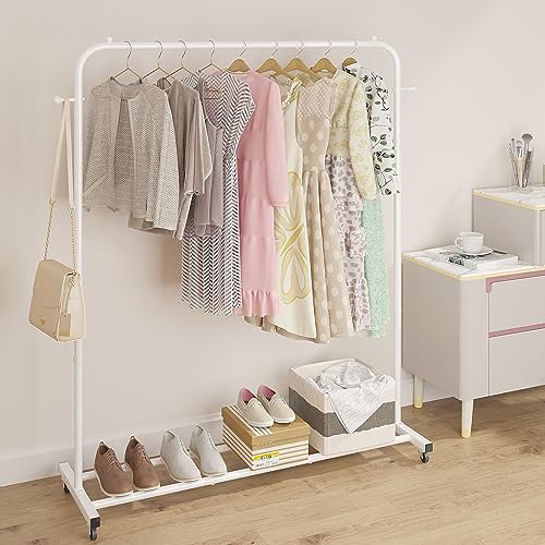 Boeeoan Garment Rack, Clothes Rack With Wheels, Freestanding Simple Single Pole, Coat Rack, Multi-functional Rolling Clothing Storage Rack With 2 Hooks for Bedroom, Laundry Room, Living-room, White