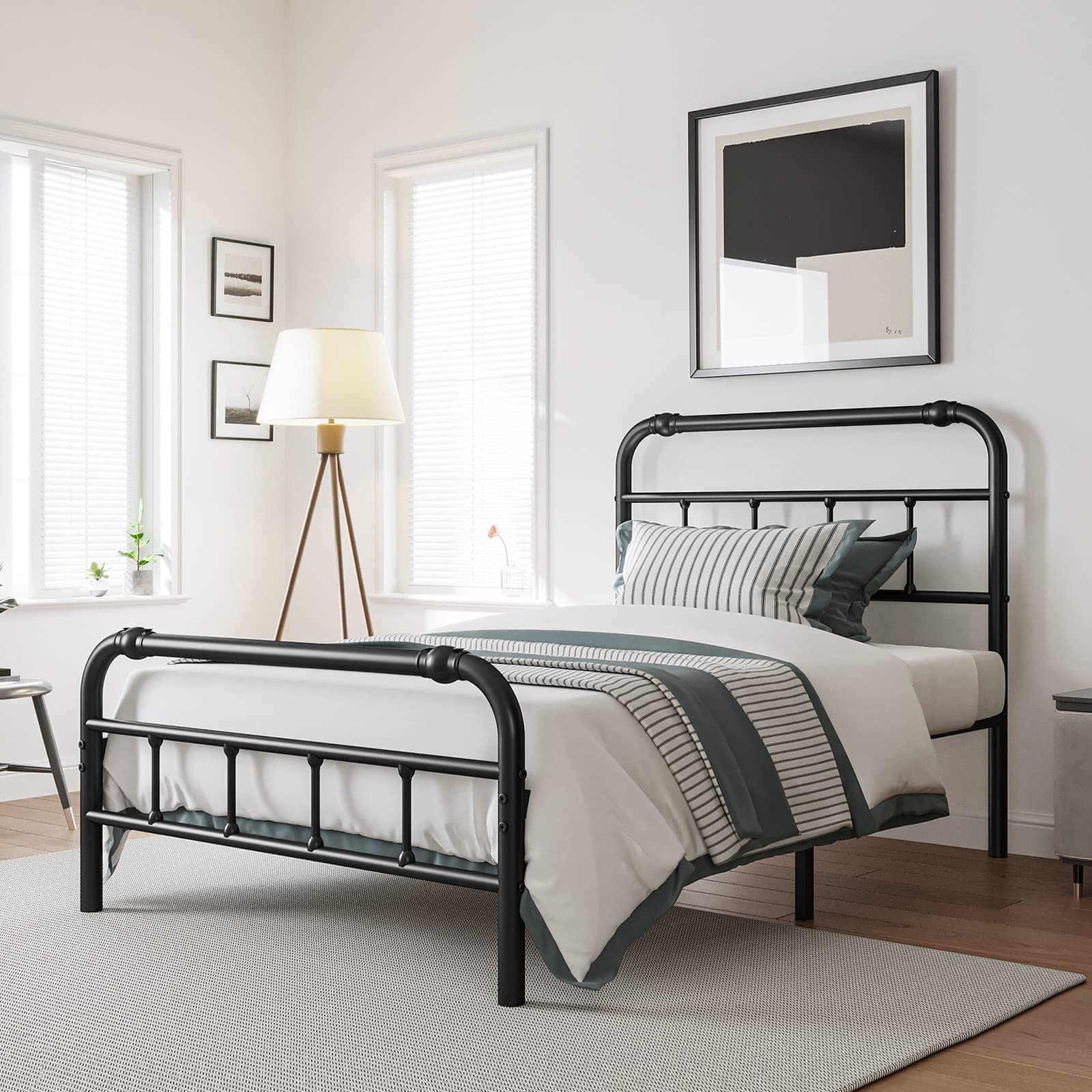 BOSRII Twin Size Bed Frame with Headboard and Footboard, 18 Inches High, 3500 Pounds Heavy Duty Metal Slats Support for Mattress, No Box Spring Needed,Noise-Free, Black