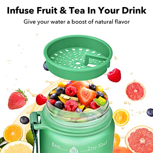 GOSWAG 32oz Motivational Water Bottles with Time Marker and Fruit Strainer, Sports Water Bottle with Times to Drink, Leakproof, Reusable Plastic Bottle with Strap no Straw for Gym, School