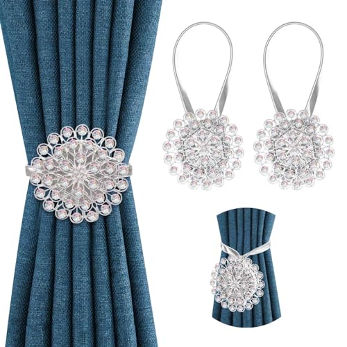 MYDAYTIN Crystal Decor Curtain Tiebacks, 2 Pack Magnetic Tieback, Crystal Flower Curtain Tiebacks with High Stretchy Wire Rope, Flower Curtain Buckle for Home, Office, Window (Silver-Colorful)