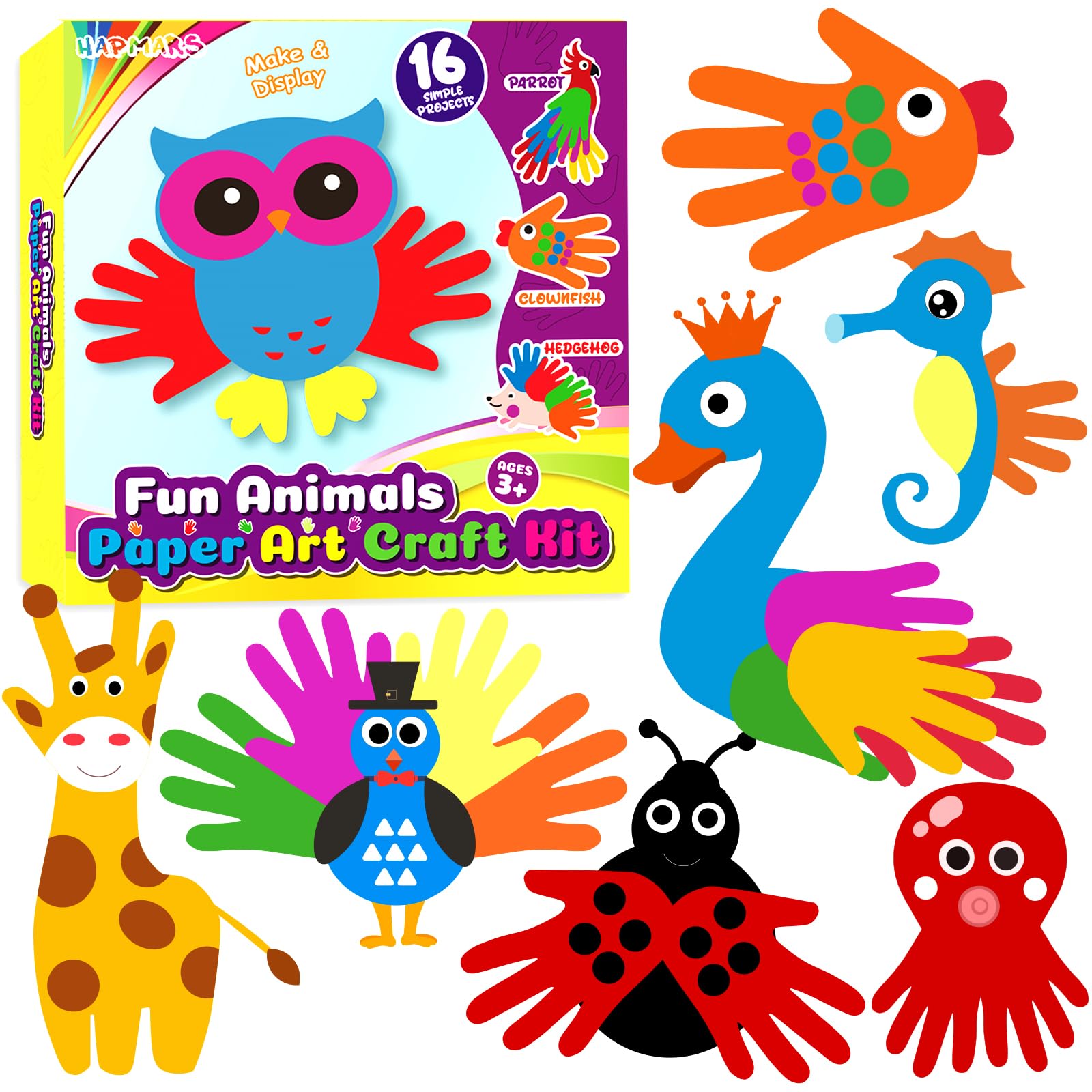 HAPMARS Handprint Art Craft Kits for Kids,16 Pack Easy Animal Cutout Craft for Toddler Age 3, 4, 5,DIY Fun Hand Print Paper Crafting,Creative Toys Preschool Classroom Activity Project for Boys & Girls