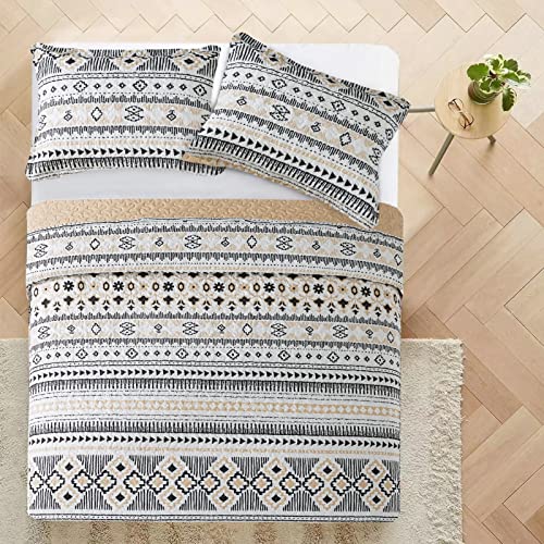 VAPUTAR King Size Quilt Bedding Set - 3 Pieces Soft Stripe Boho King Bedspread, All-Season Lightweight Reversible Coverlet Sets, Quilts King Size for Farmhouse Bedroom (Black/Beige)