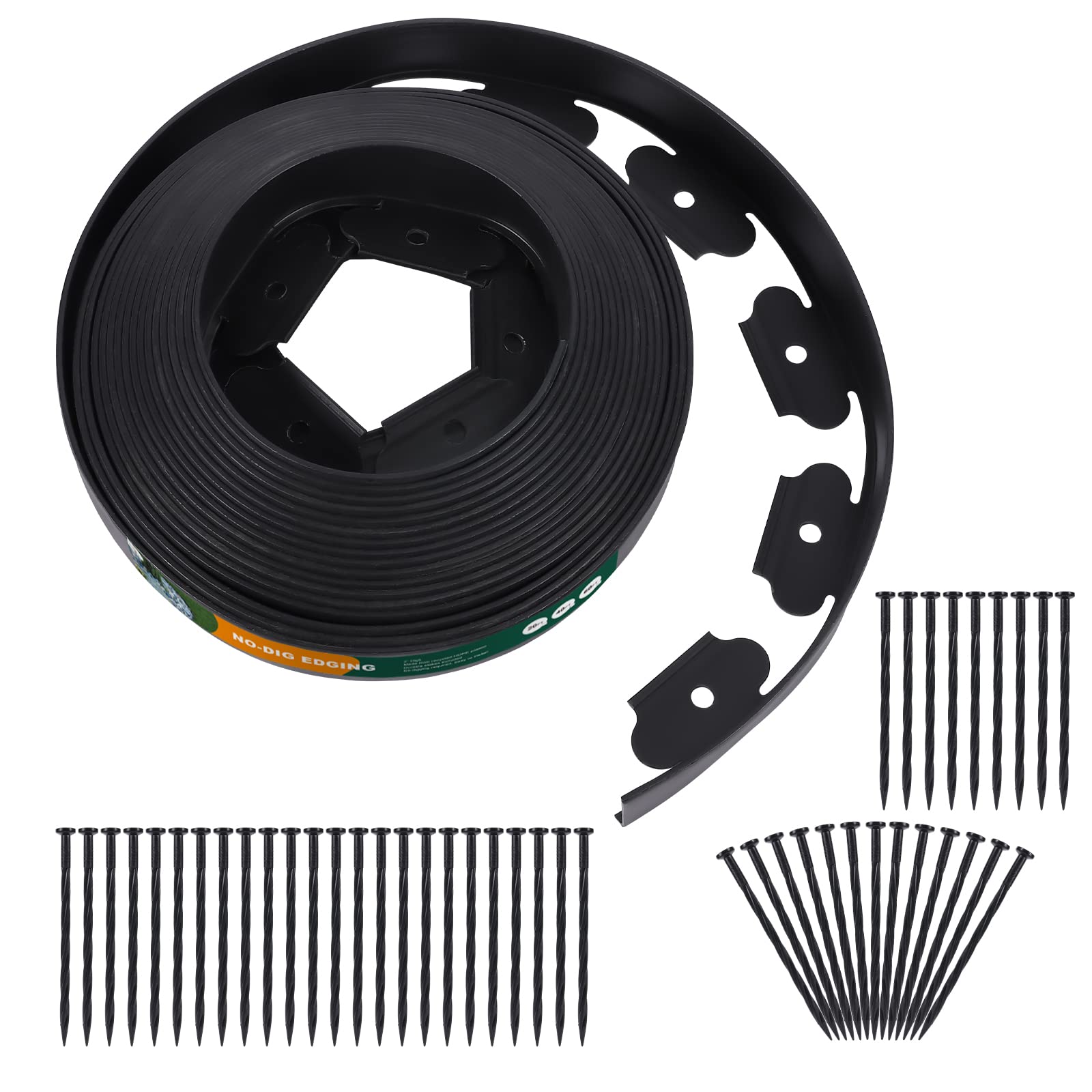 No Dig Durable Garden Landscape Edging Kit, 2” Tall Black Plastic Lawn Border with 48pcs Anchoring Spikes for Landscaping, Flower Gardens, Lawn (40FT+48pcs Anchoring Spikes)
