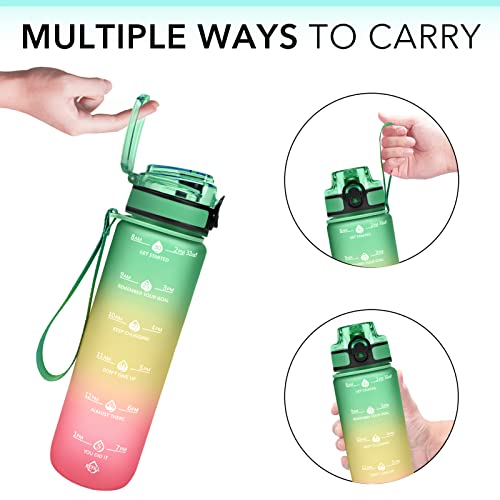 GOSWAG 32oz Motivational Water Bottles with Time Marker and Fruit Strainer, Sports Water Bottle with Times to Drink, Leakproof, Reusable Plastic Bottle with Strap no Straw for Gym, School