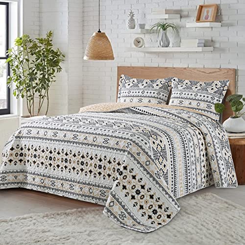 VAPUTAR King Size Quilt Bedding Set - 3 Pieces Soft Stripe Boho King Bedspread, All-Season Lightweight Reversible Coverlet Sets, Quilts King Size for Farmhouse Bedroom (Black/Beige)