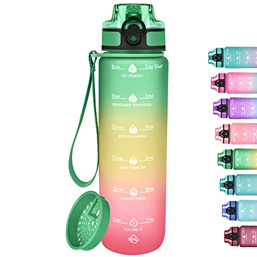 GOSWAG 32oz Motivational Water Bottles with Time Marker and Fruit Strainer, Sports Water Bottle with Times to Drink, Leakproof, Reusable Plastic Bottle with Strap no Straw for Gym, School