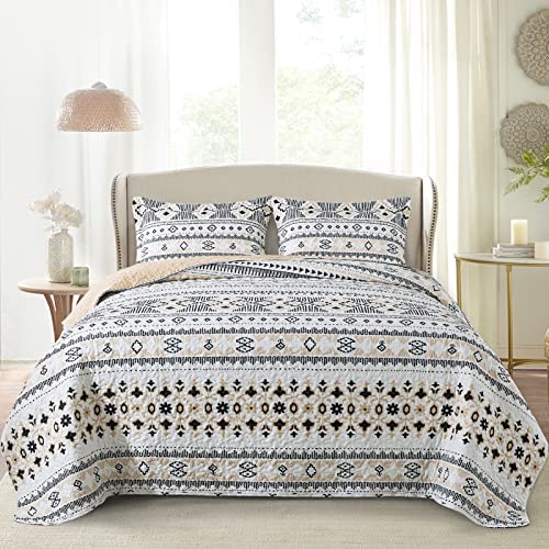 VAPUTAR King Size Quilt Bedding Set - 3 Pieces Soft Stripe Boho King Bedspread, All-Season Lightweight Reversible Coverlet Sets, Quilts King Size for Farmhouse Bedroom (Black/Beige)