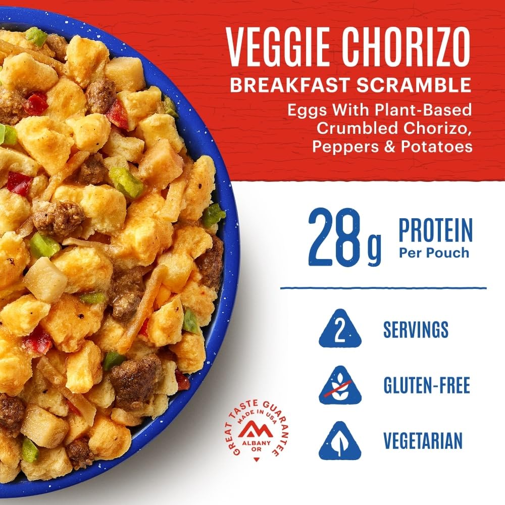 Mountain House Veggie Chorizo Breakfast Scramble | Freeze-Dried Backpacking & Camping Food | Gluten-Free & Vegetarian | 2-Servings