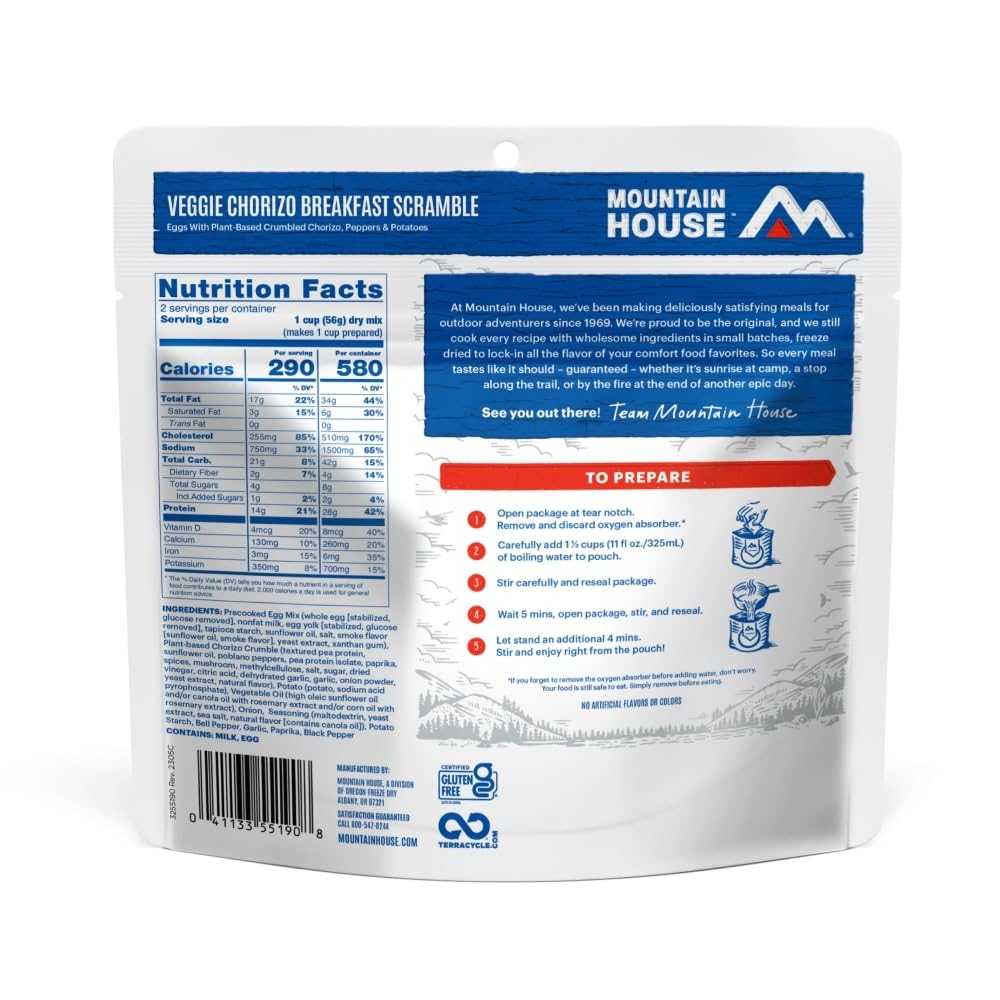 Mountain House Veggie Chorizo Breakfast Scramble | Freeze-Dried Backpacking & Camping Food | Gluten-Free & Vegetarian | 2-Servings