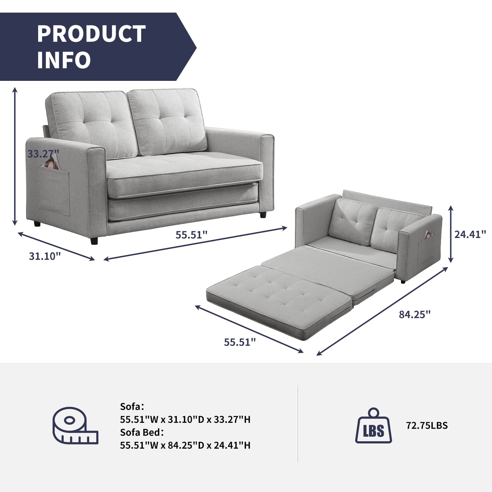 ZAFLY 3-in-1 Convertible Sofa Bed,Futon Bed,Pull Out Couch Bed,Loveseat Sleeper Couches,84'' Tri-Fold Multi-Function Modern Floor Bed,Sofas & Couches for Living Room,Light Gray, Light Grey (11080)