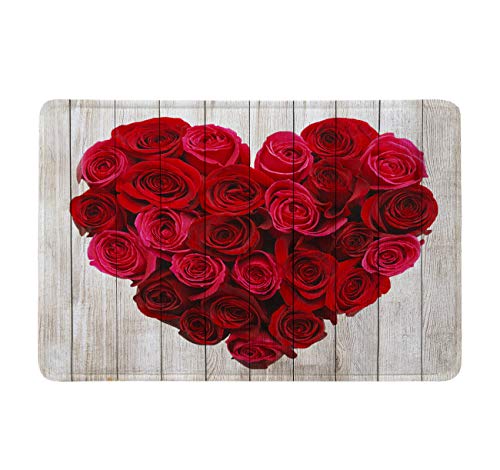 Red Rose Flowers Bathroom Mat Valentines Day Love Heart Shape Floral on Rustic Wood Rustic Bath Mat Soft Memory Foam Non Slip Absorbent Bathroom Rug 16x24 inch
