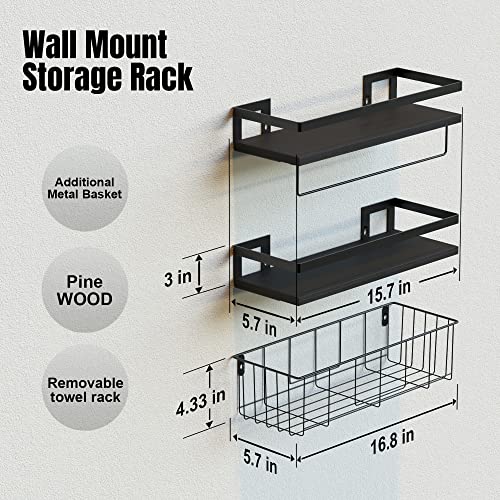 Richer House Floating Shelves with Wire Basket, Rustic Wall Shelves with Removable Towel Bar, Black Bathroom Shelves for Wall Decor, Kitchen, Living Room, Bedroom