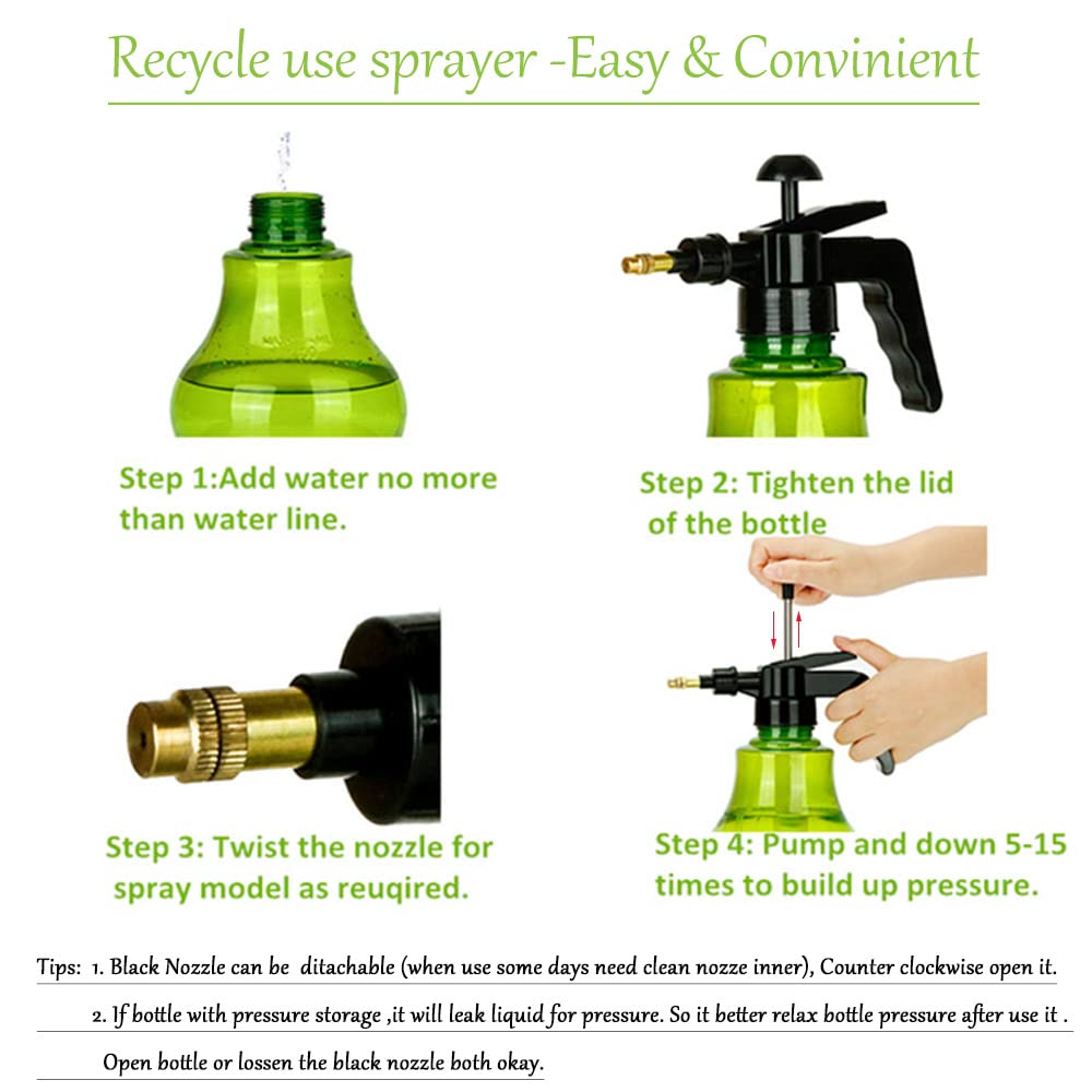 Handheld Garden Pump Sprayer,2 Pack Lawn & Garden Pressure Water Mister Spray 0.4 Gallon Bottle with Adjustable Brass Nozzle, Clear Green Hand Pressure Pump Sprayer Bottles for Plants (1.5L Green)