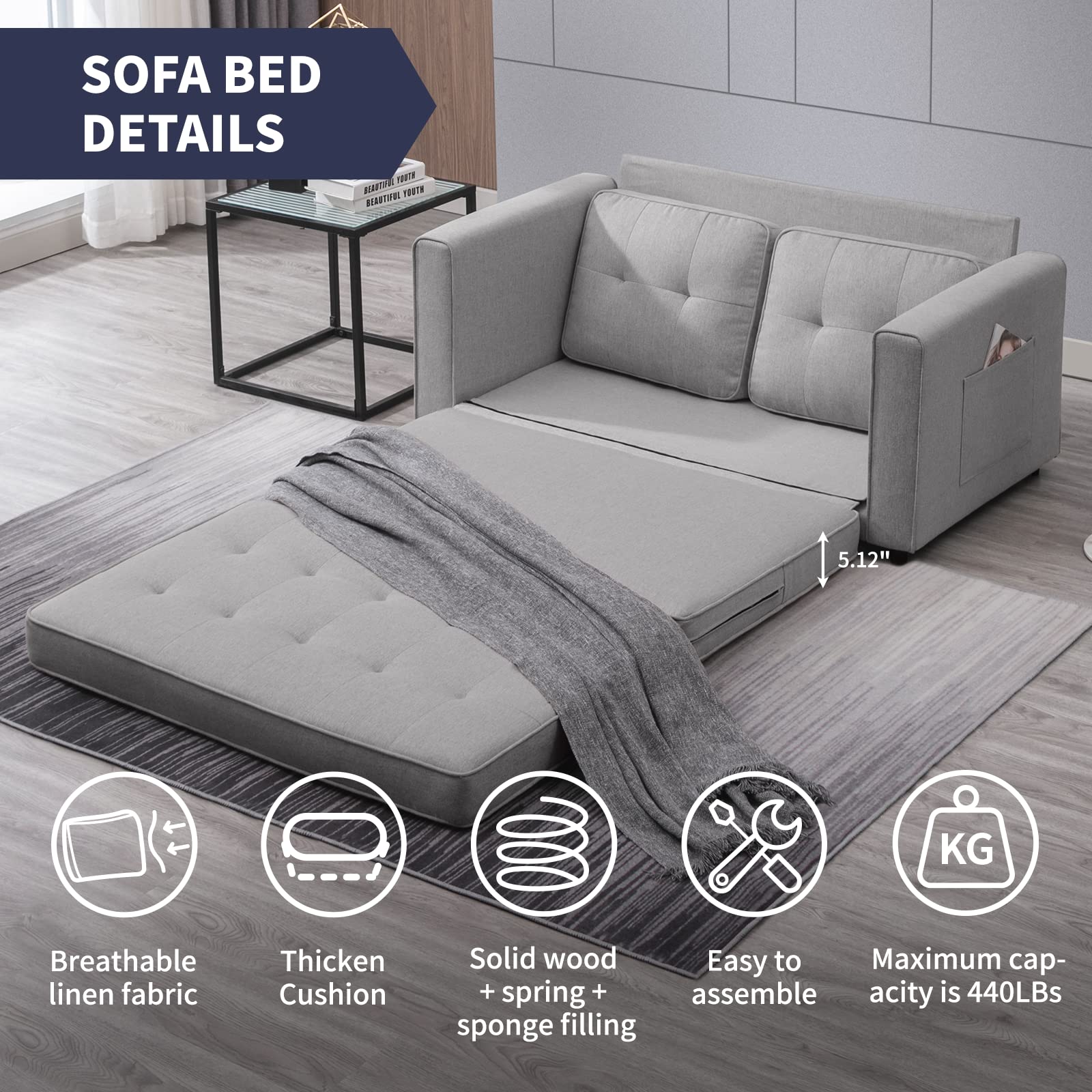 ZAFLY 3-in-1 Convertible Sofa Bed,Futon Bed,Pull Out Couch Bed,Loveseat Sleeper Couches,84'' Tri-Fold Multi-Function Modern Floor Bed,Sofas & Couches for Living Room,Light Gray, Light Grey (11080)