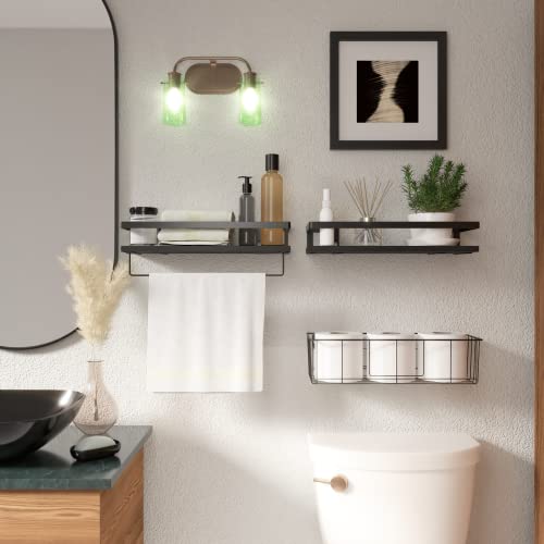 Richer House Floating Shelves with Wire Basket, Rustic Wall Shelves with Removable Towel Bar, Black Bathroom Shelves for Wall Decor, Kitchen, Living Room, Bedroom