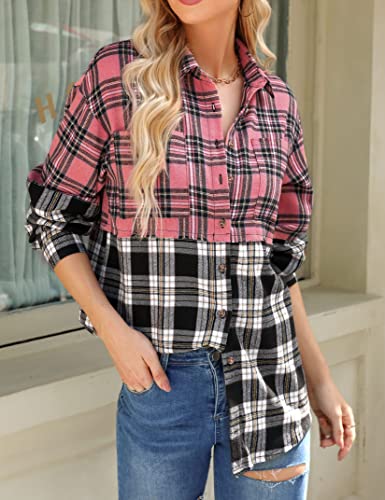 KOJOOIN Women's Oversized Flannels Plaid Color Block Oversized Button Down Shirts Patchwork Lightweight Blouses Pink&Black L