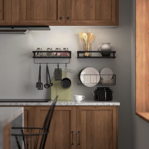 Richer House Floating Shelves with Wire Basket, Rustic Wall Shelves with Removable Towel Bar, Black Bathroom Shelves for Wall Decor, Kitchen, Living Room, Bedroom
