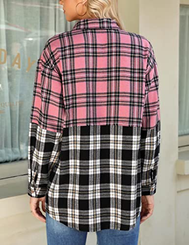 KOJOOIN Women's Oversized Flannels Plaid Color Block Oversized Button Down Shirts Patchwork Lightweight Blouses Pink&Black L
