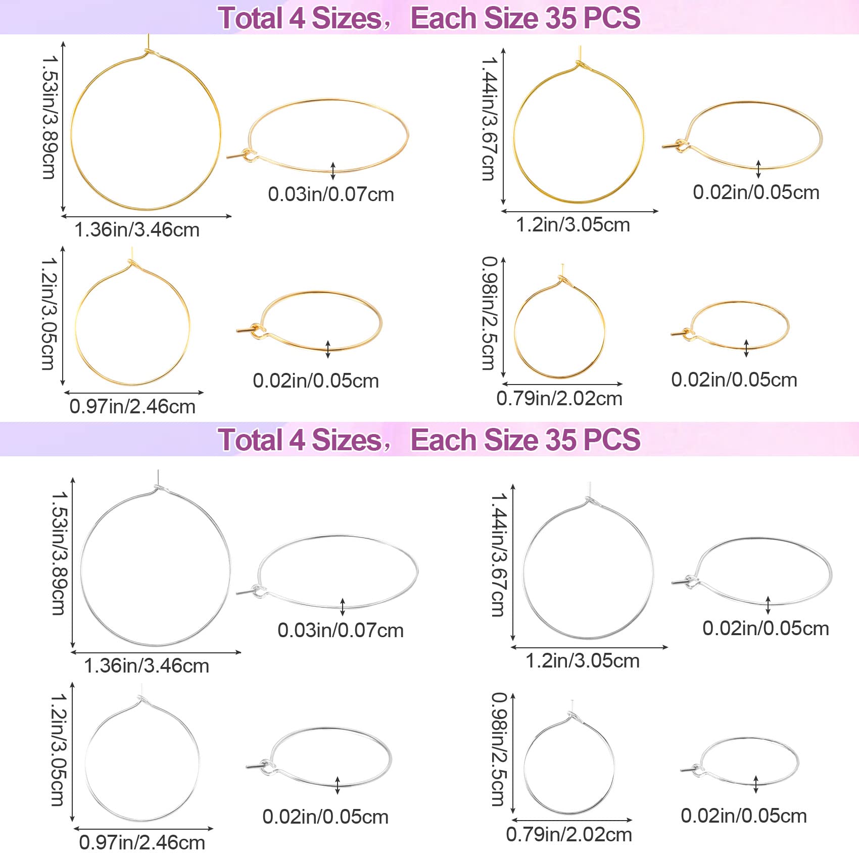 OIIKI 280PCS Earring Beading Hoops, 4 Sizes Gold/Silver Plated Hoop Earring Findings, Open Hoops, Metal Earring Rings, Round Earring Beading Decorative Accessories for DIY Jewelry Making, Parties