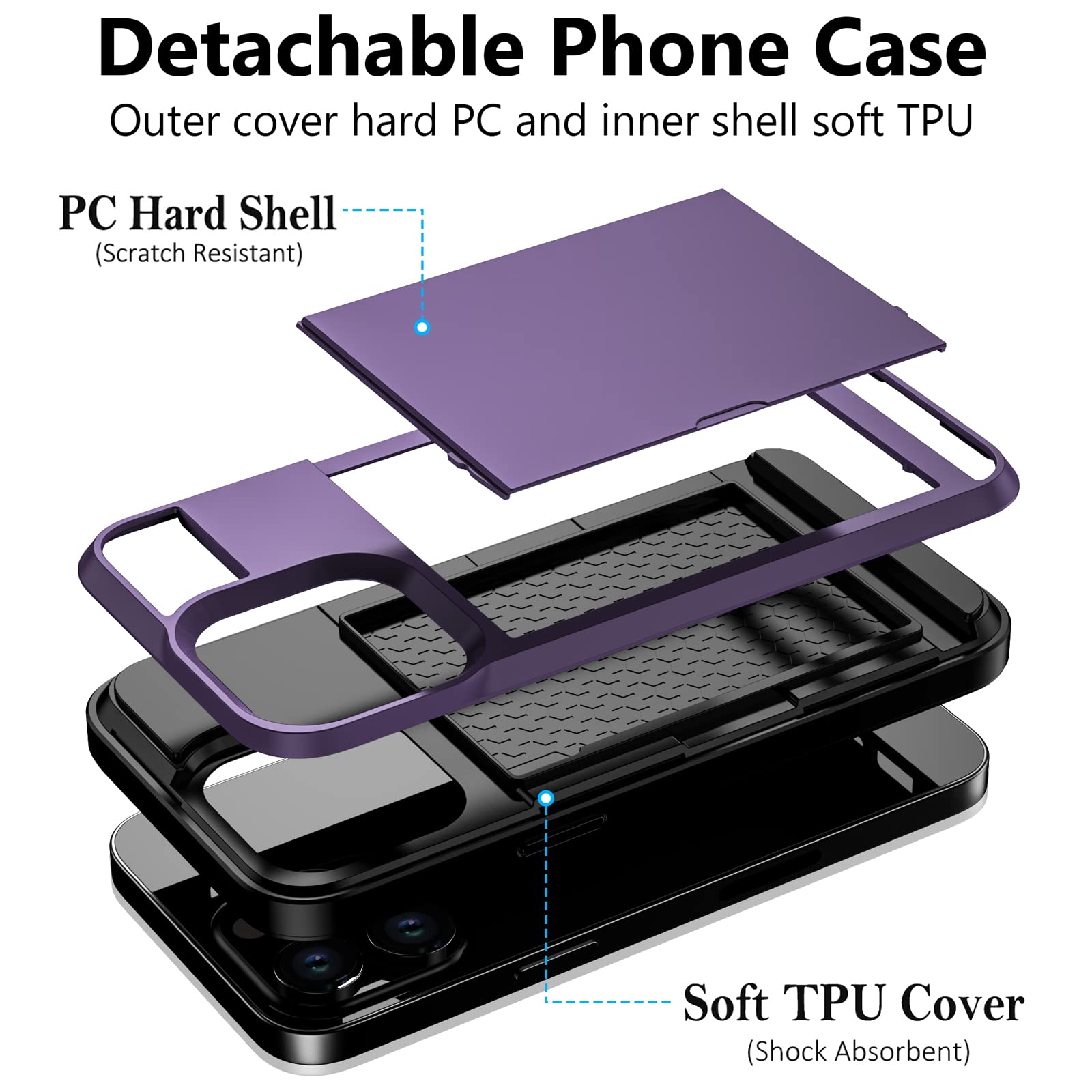 Vofolen for iPhone 14 Pro Max Case Wallet Credit Card Holder ID Slot Sliding Door Hidden Pocket Men Women Anti-Scratch Dual Layer Hybrid Bumper Armor Protective Shell Back Cover GreyPurple 6.7 inch
