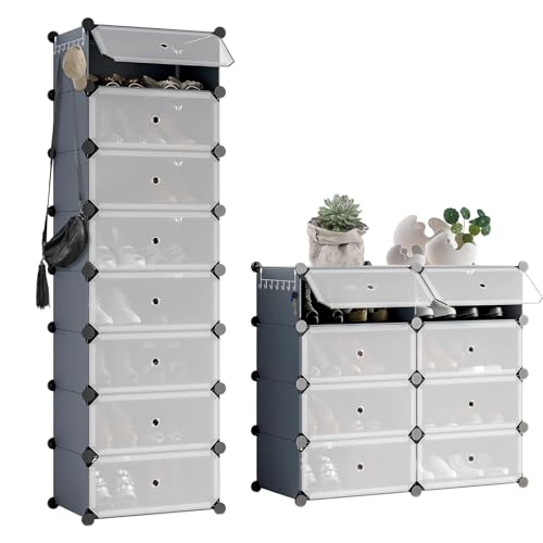 UNZIPE Shoe Rack Cabinet, 8-Tier Shoe Storage Organizer for Entryway, 16 Pairs Plastic Shoe Shelves with Door DIY Freestanding Shoes Tower with Covered for Closet Bedroom Hallway Garage, Dark Grey