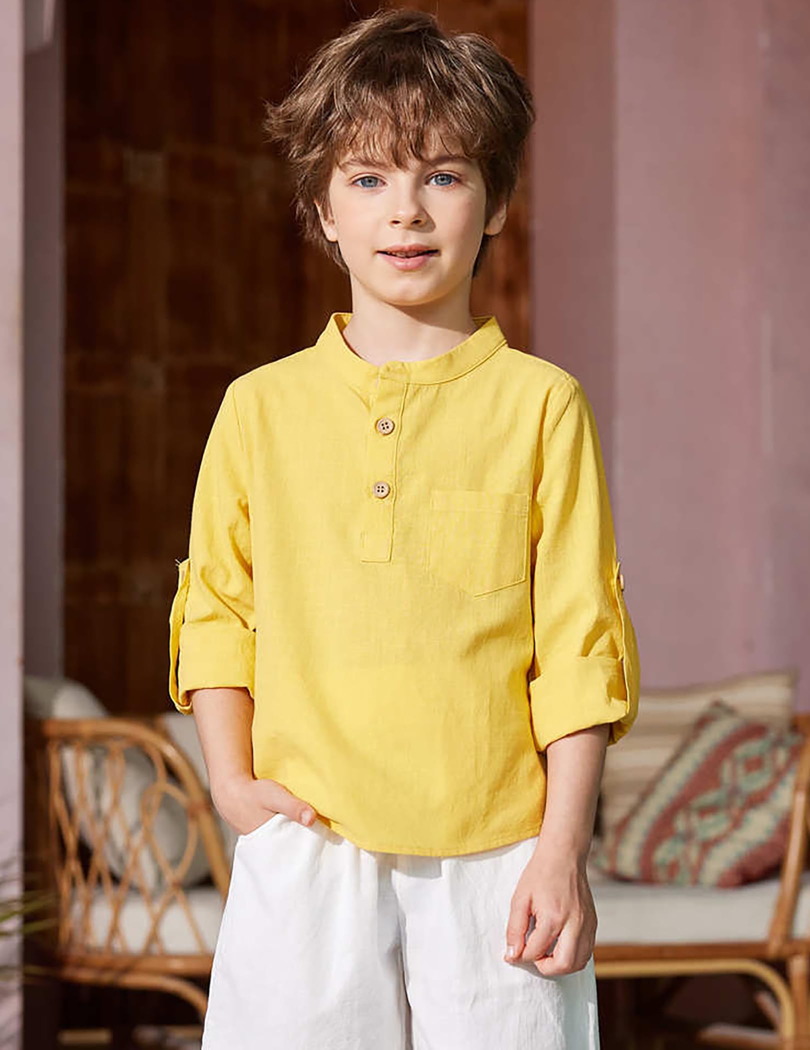 Arshiner Boys Cotton Linen Henley Shirt Button Down Shirt Long Sleeve T Shirt Beach Shirt Tee Casual Solid Tops Yellow