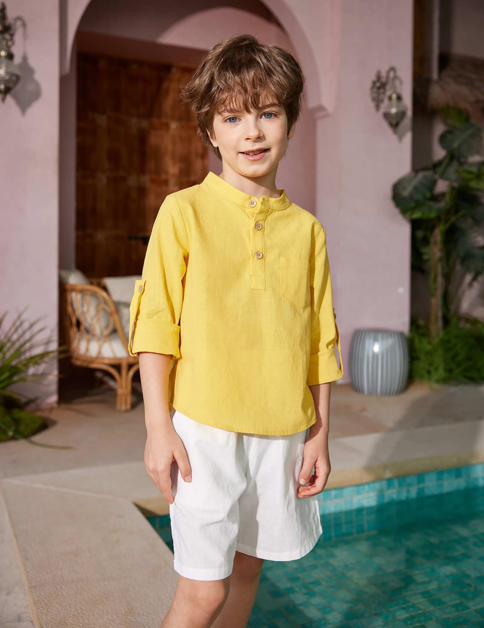 Arshiner Boys Cotton Linen Henley Shirt Button Down Shirt Long Sleeve T Shirt Beach Shirt Tee Casual Solid Tops Yellow