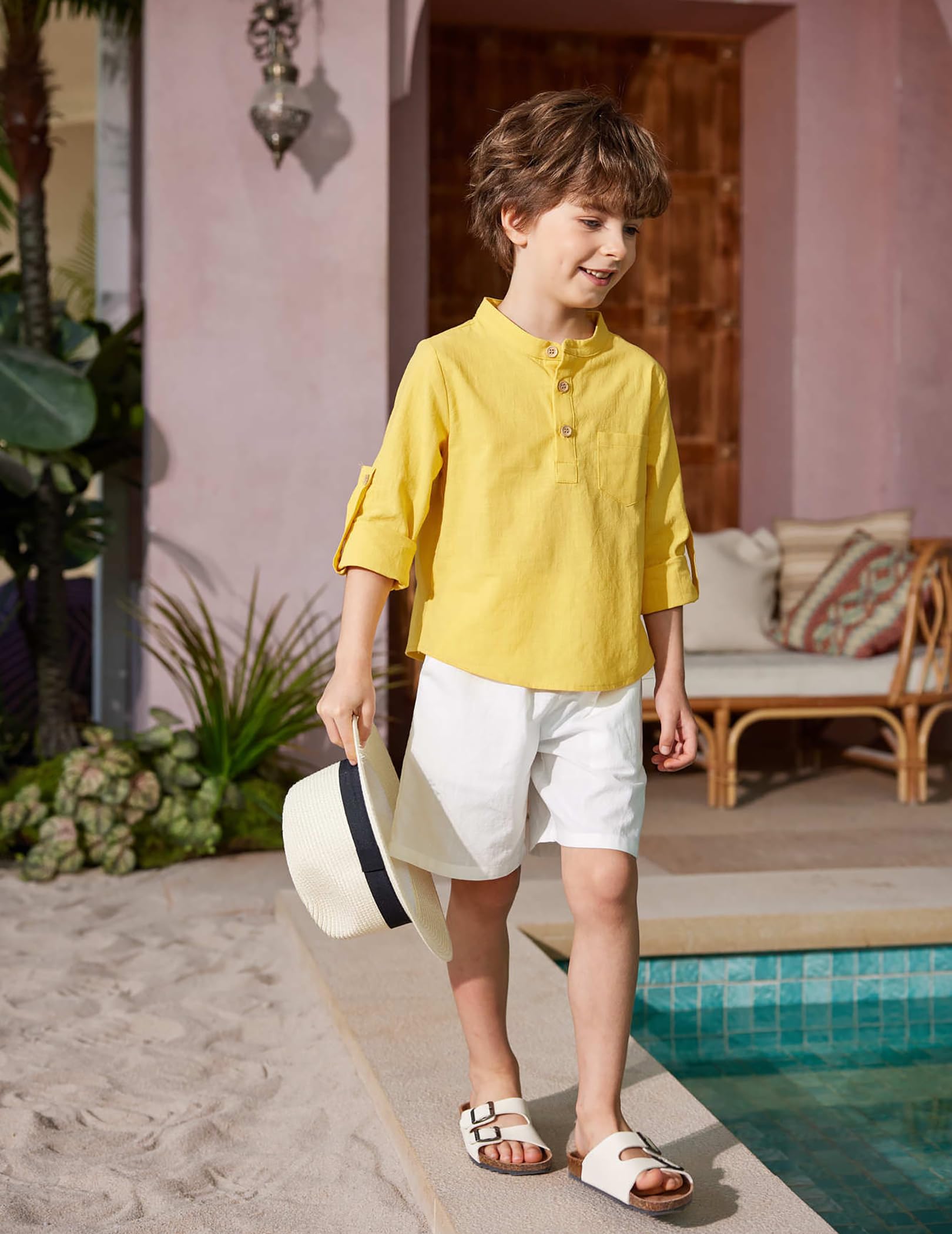 Arshiner Boys Cotton Linen Henley Shirt Button Down Shirt Long Sleeve T Shirt Beach Shirt Tee Casual Solid Tops Yellow
