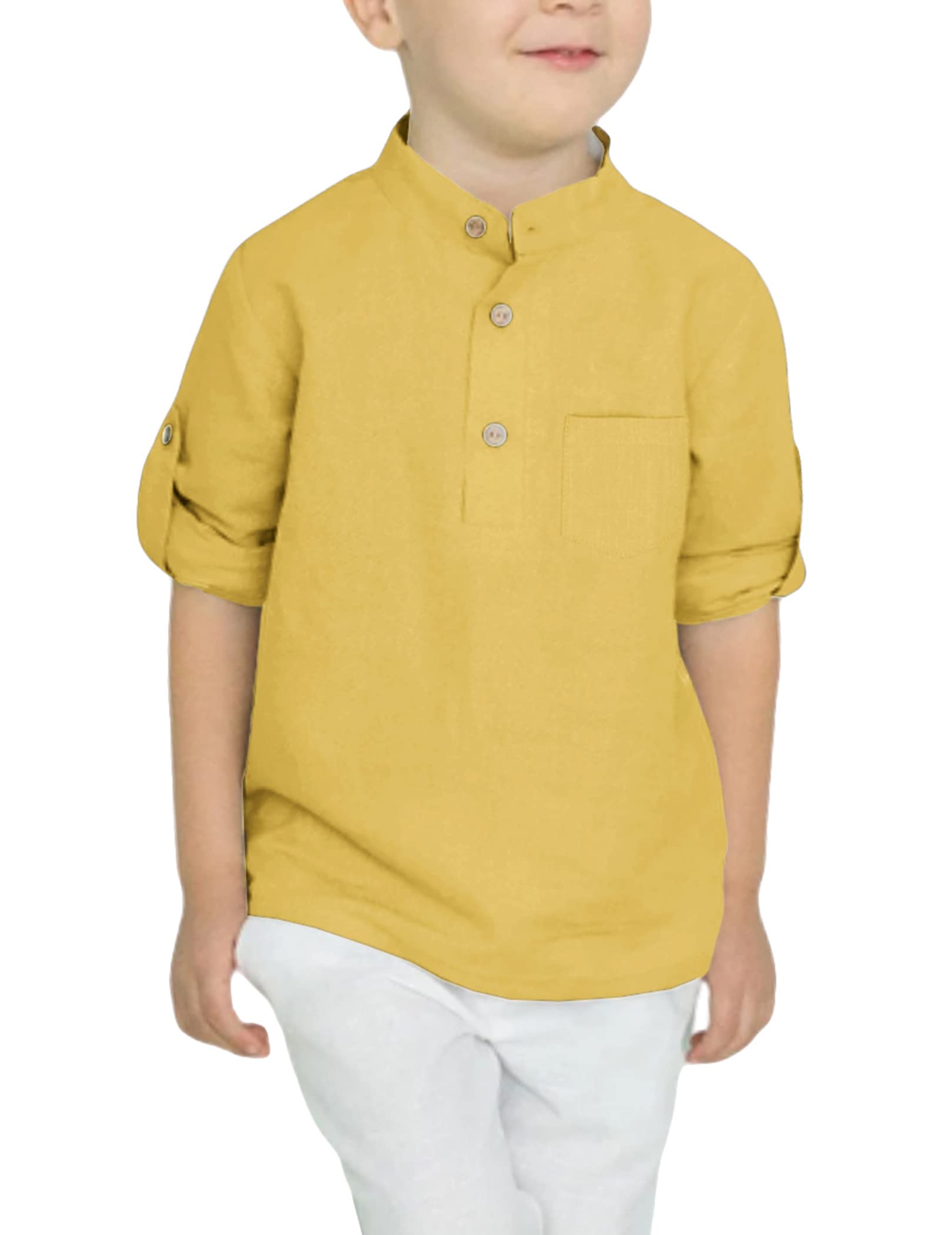 Arshiner Boys Cotton Linen Henley Shirt Button Down Shirt Long Sleeve T Shirt Beach Shirt Tee Casual Solid Tops Yellow