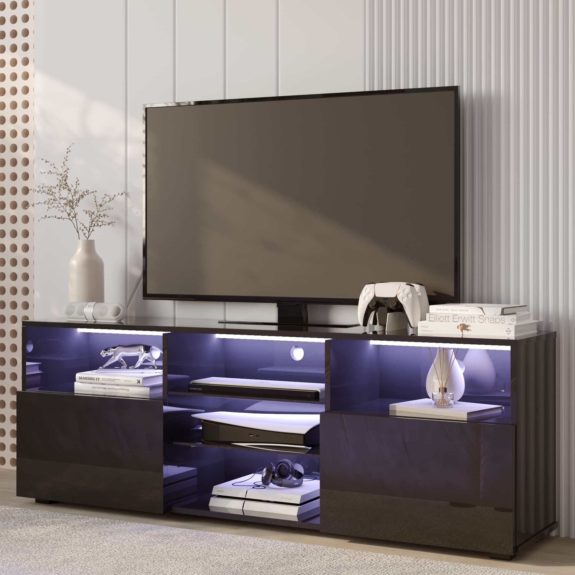 LED TV Stand for 50/55 inch TV, Television Table Center Media Console with Drawer and Led Lights, High Glossy Modern Entertainment Center for Living Game Room Bedroom, Black
