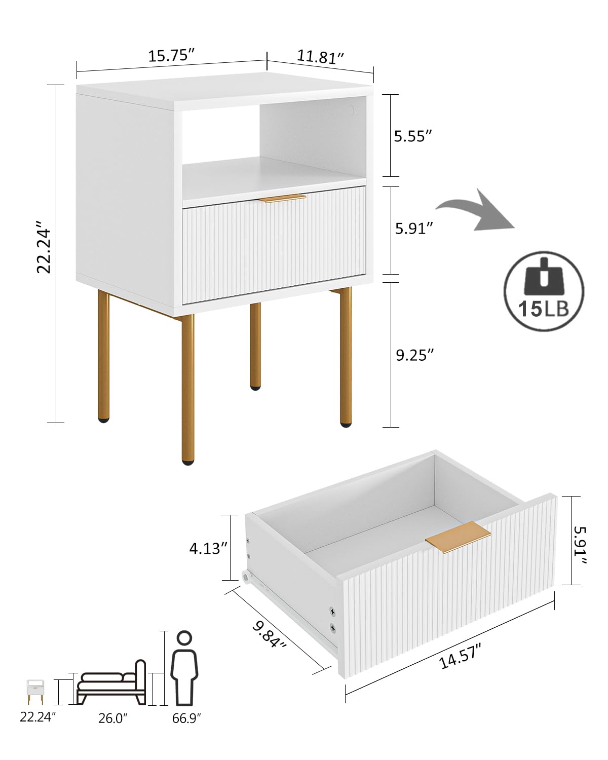 Masupu Nightstand,Mid-Century Modern Bedside Table with Storage Drawer and Open Wood Shelf,Small Gold Frame Side Table for Bedroom,Living Room,White
