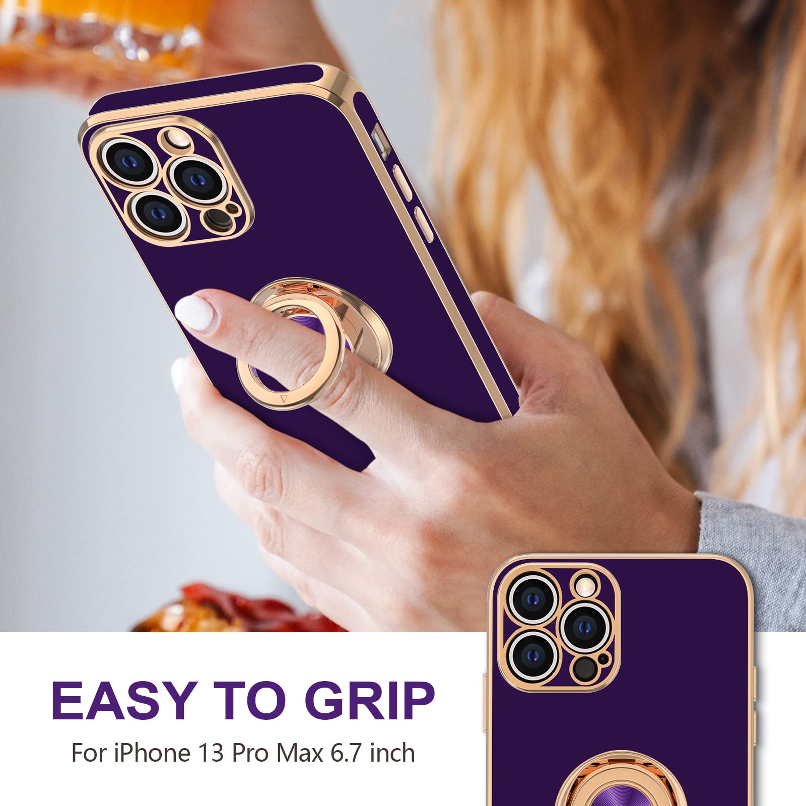 Hython for iPhone 13 Pro Max Case with Ring Stand [360°Rotatable Ring Holder Magnetic Kickstand] [Plated Rose Gold Edge] Slim Soft TPU Cover Luxury Protective Phone Case for Women Men, Dark Purple