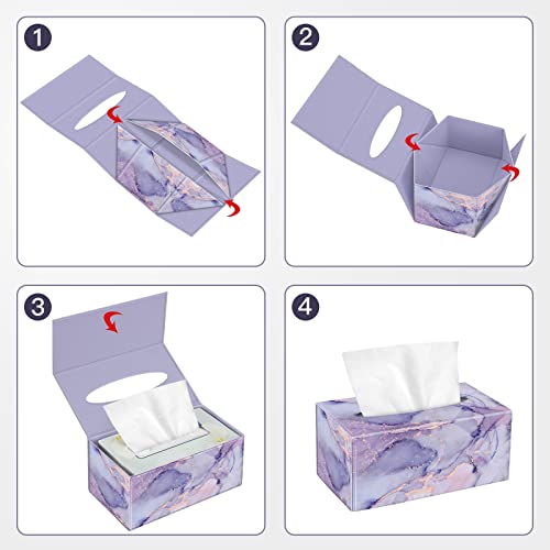Tissue Box Holder, FINPAC Rectangular PU Leather Foldable Facial Tissue Napkin Box Covers Decor Holder for Living Room, Bathroom, Kitchen Countertop, Lilac Marble