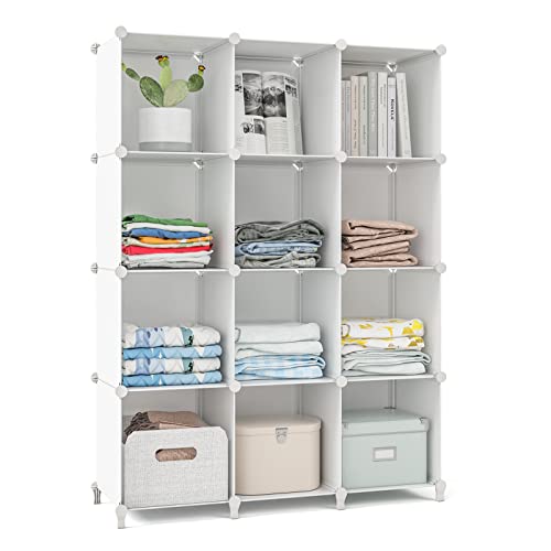 Wolizom Cube Storage Organizer, 12-Cube White Closet Storage Shelves, Modular Units, Closet Cabinet, Portable DIY Plastic Book Shelf Shelving for Bedroom, Office, Living Room